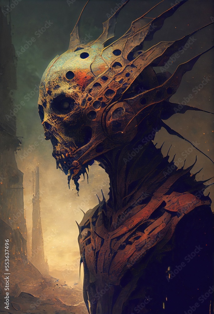 scary Halloween background with skull horror abomination mask horns ...