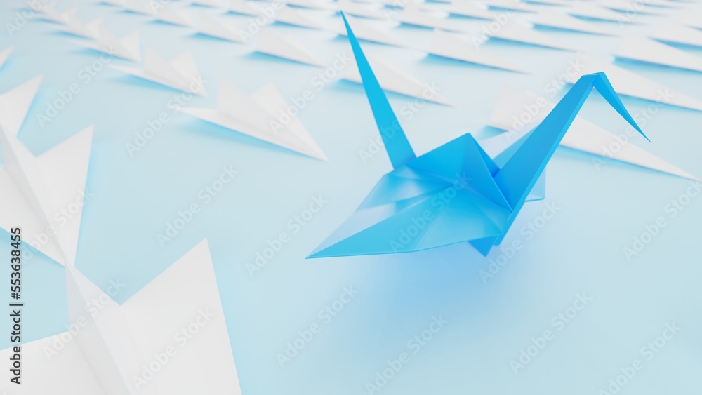 Origami of blue crane and many white airplanes on soft blue board under ...