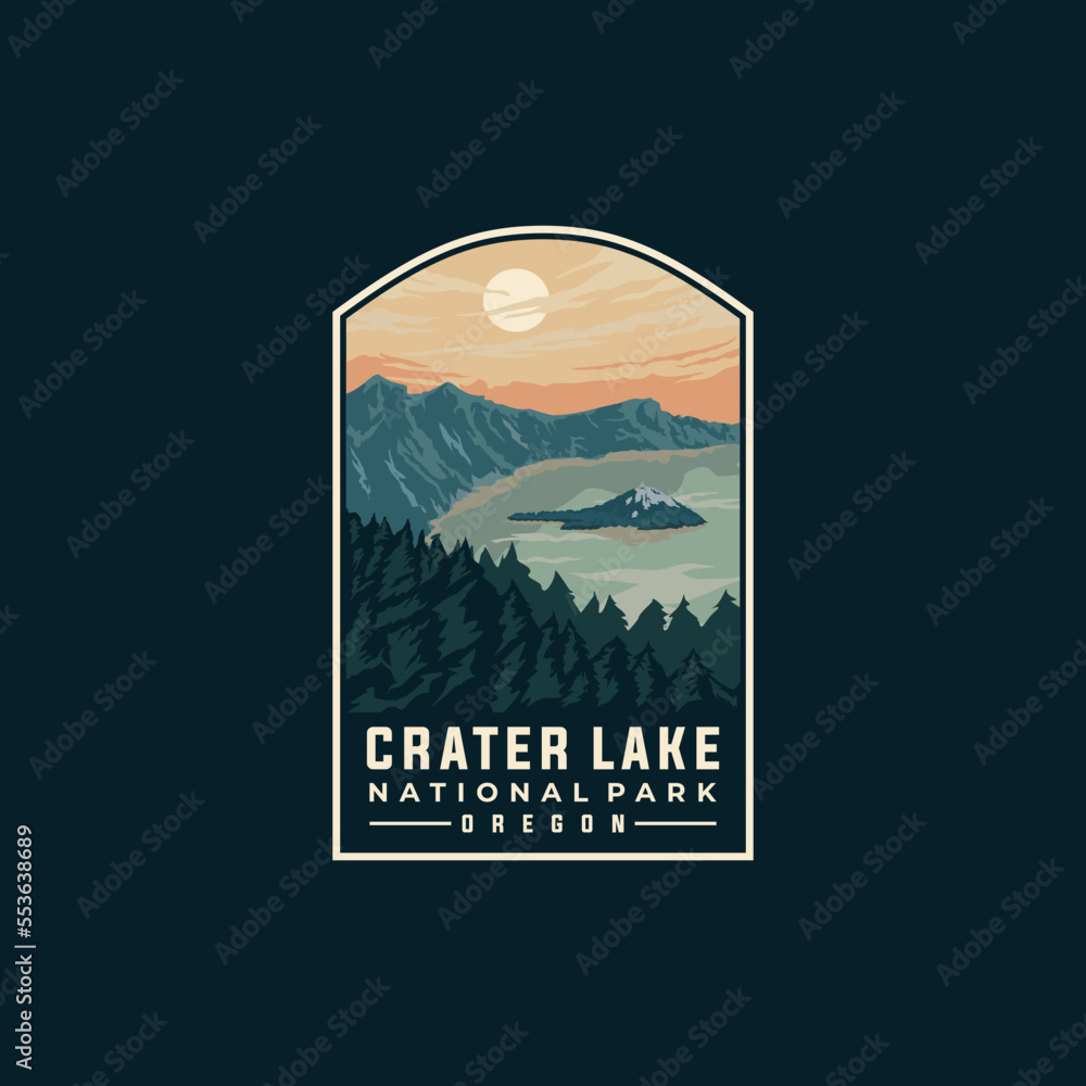 Crater Lake national park vector template. Oregon landmark illustration ...