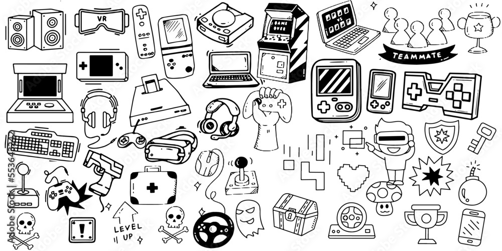 Video games doodle. Gaming controller, retro arcade console and game ...