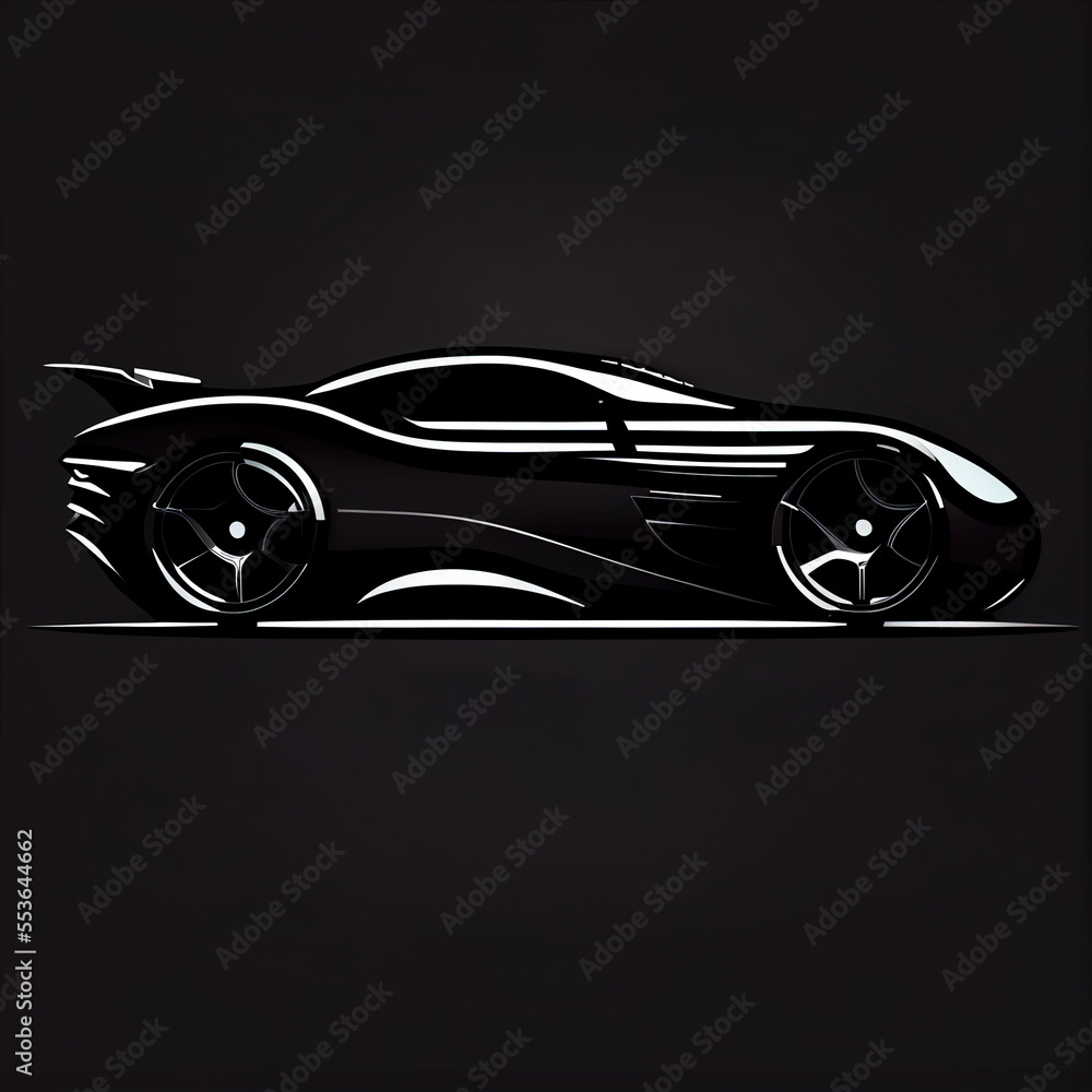 a black and white drawing of a car on a black background with a shadow ...