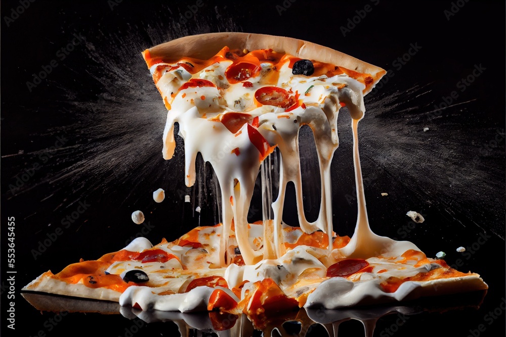a slice of pizza with melted cheese and pepperoni on it is being lifted ...