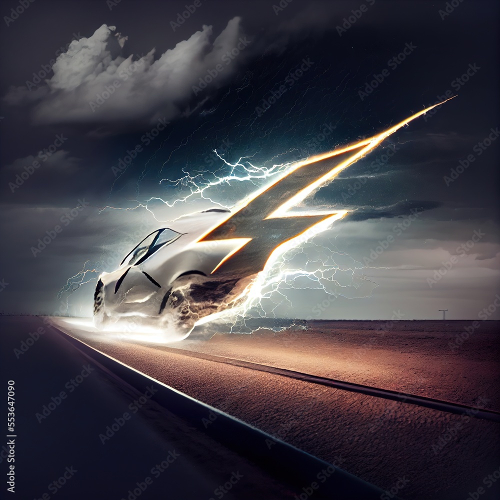 a car is driving down a road with a lightning bolt coming out of it's ...
