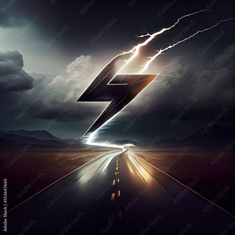 a lightning bolt is shown in the middle of a highway with a dark sky ...