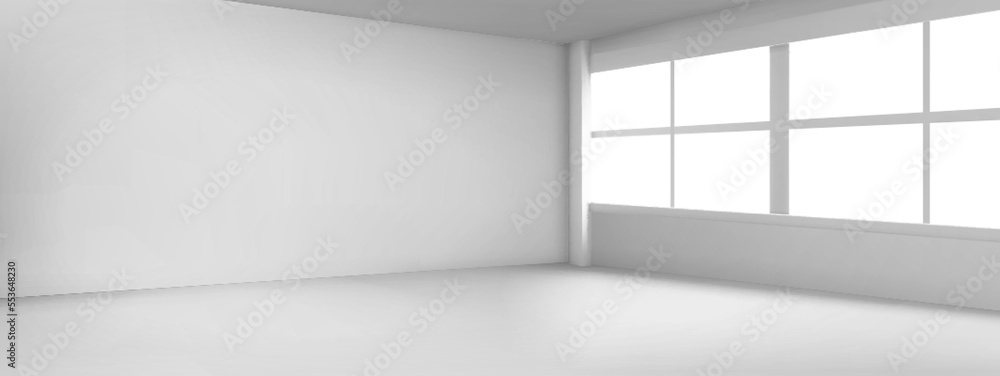 Empty room with large windows. Modern building interior with white ...