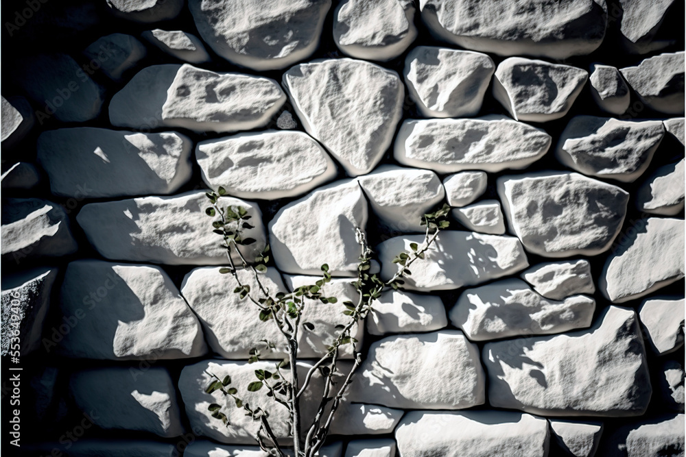 stone wall background with tree sprout, generative ai Rough white stone ...