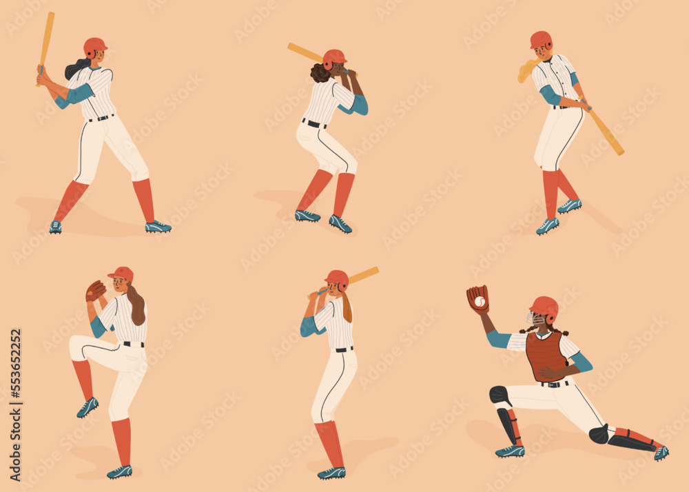 Female baseball players isolated characters vector set. Girls players ...