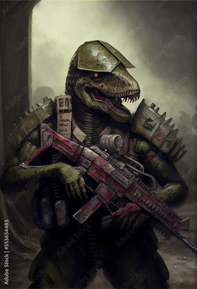 Generative AI abstract render of a T-Rex as a combat soldies ...