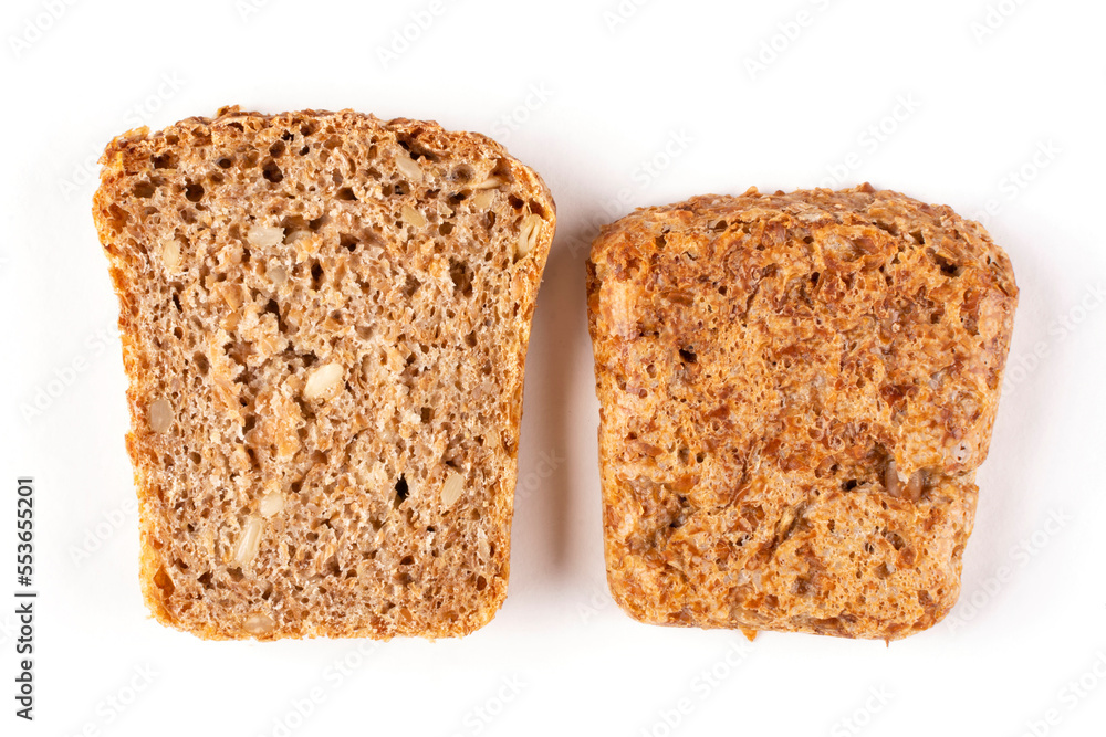Two slices of whole-grain rye flour bread on a white isolated ...