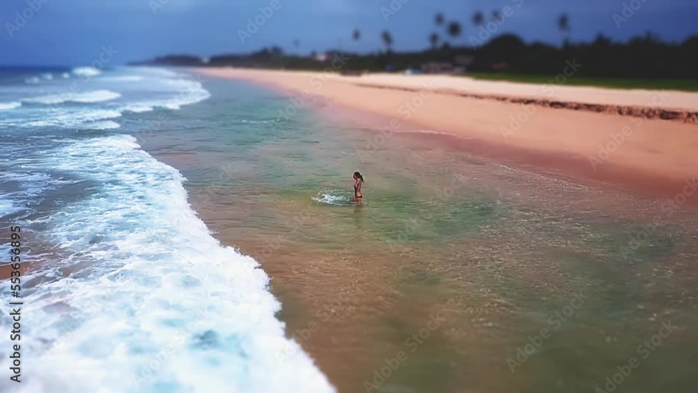 Asian woman feet walking barefoot beach at endless ocean seaside ...