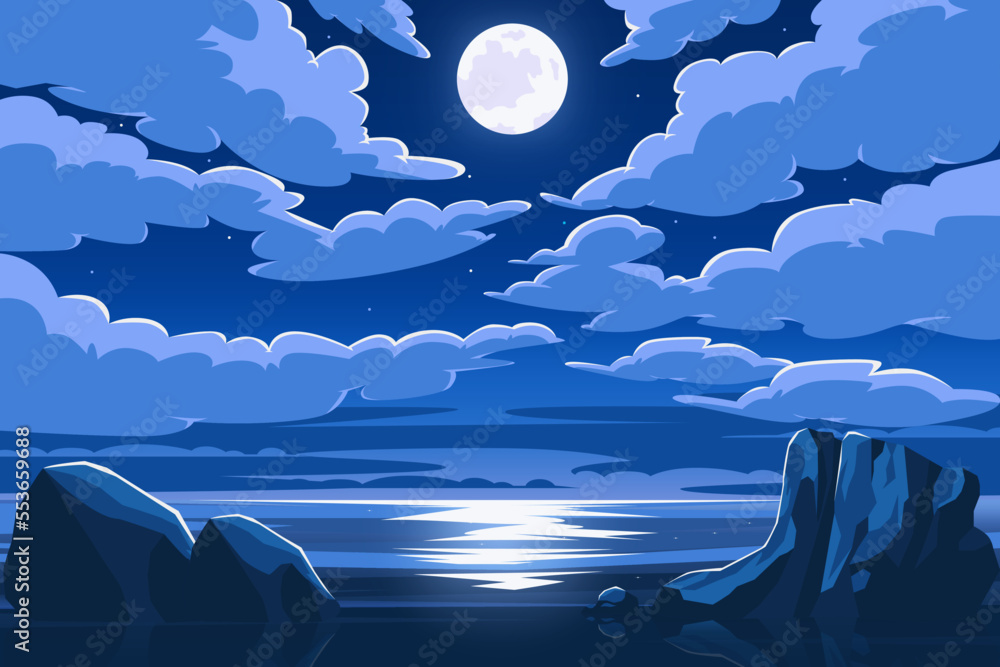 Sea ocean scenery at night with full moon and cloud background vector ...