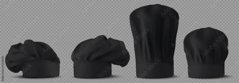 Black chef hats, cooker uniform in restaurant or cafe kitchen. Mockup ...