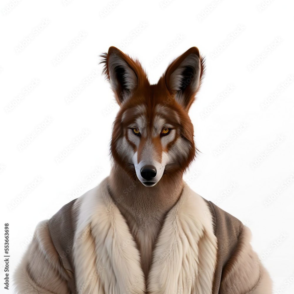 Portrait of a Arctic Wolf wearing a fur coat. Anthropomorphic wolf ...