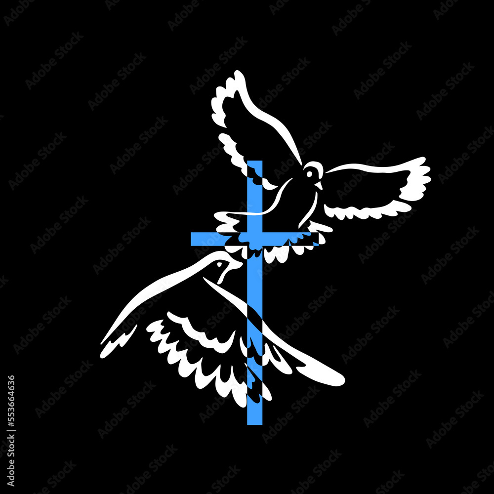 Dove flying with a Symbol of Religion. Cross on a black background ...