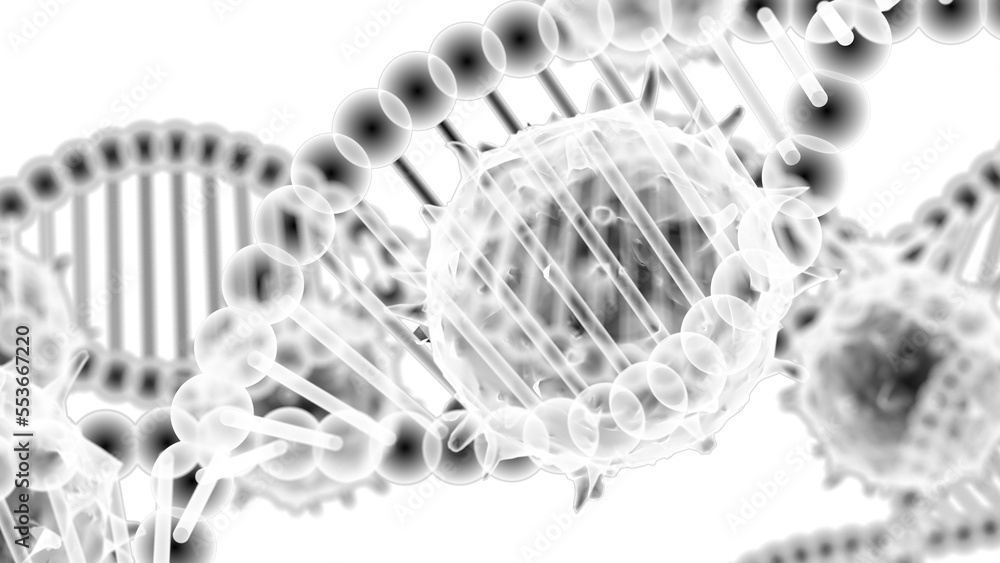 X-ray Molecular structure, DNA model structure and red virus under ...