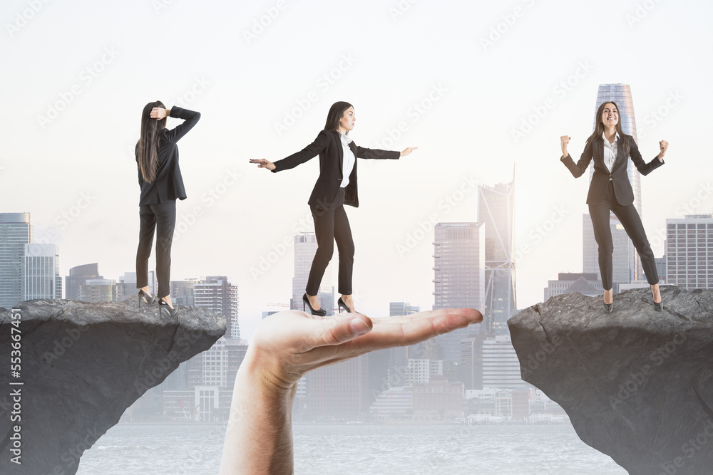 Creative image of team helping each other walk through difficulty on ...