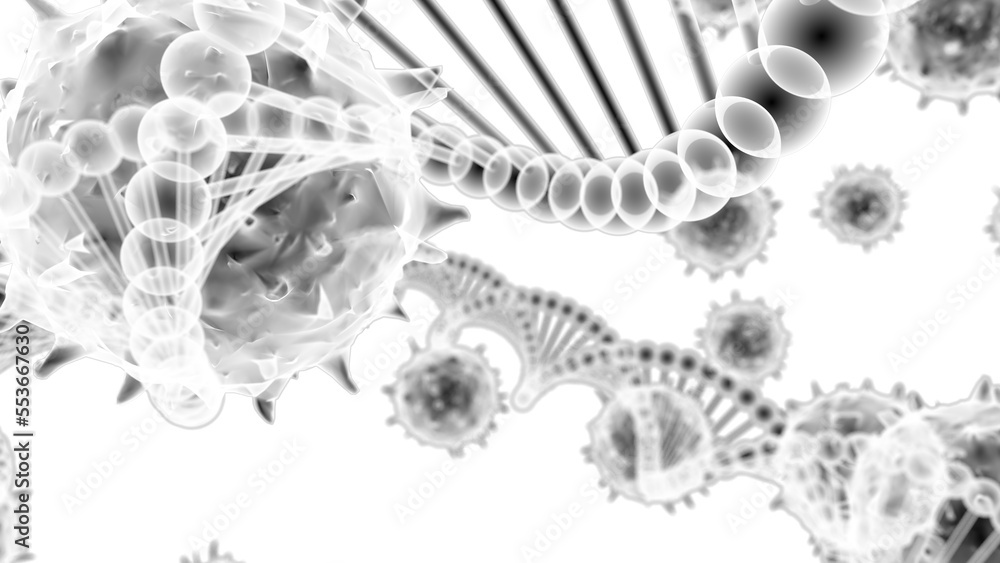 X-ray Molecular structure, DNA model structure and red virus under ...
