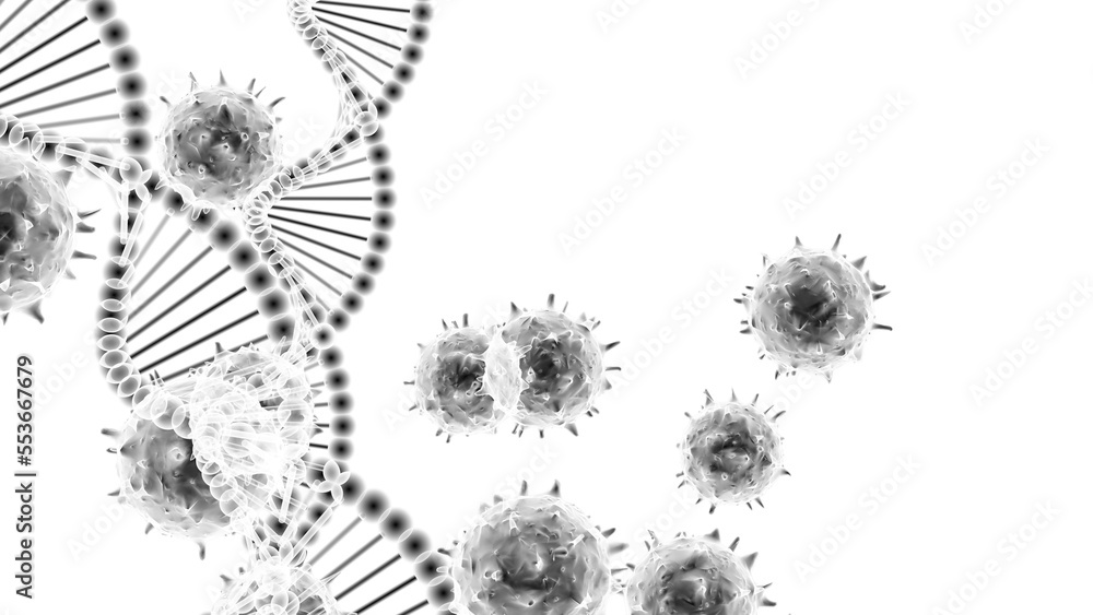 X-ray Molecular structure, DNA model structure and red virus under ...