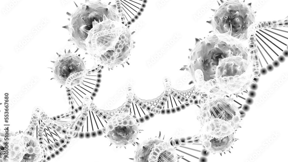 X-ray Molecular structure, DNA model structure and red virus under ...