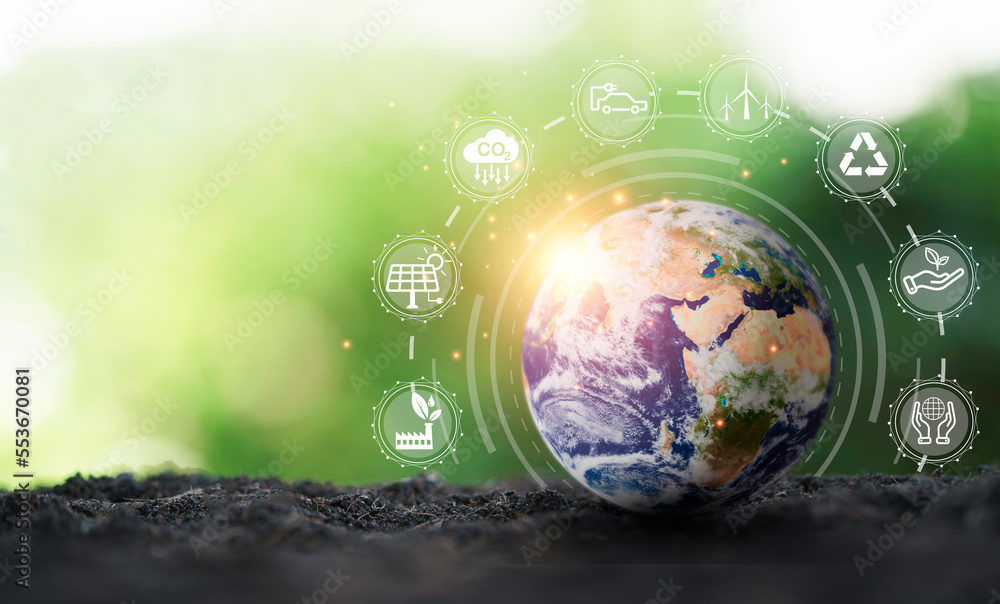 World on ground with environment CO2 reducing icon for decrease carbon footprint and credit to ...