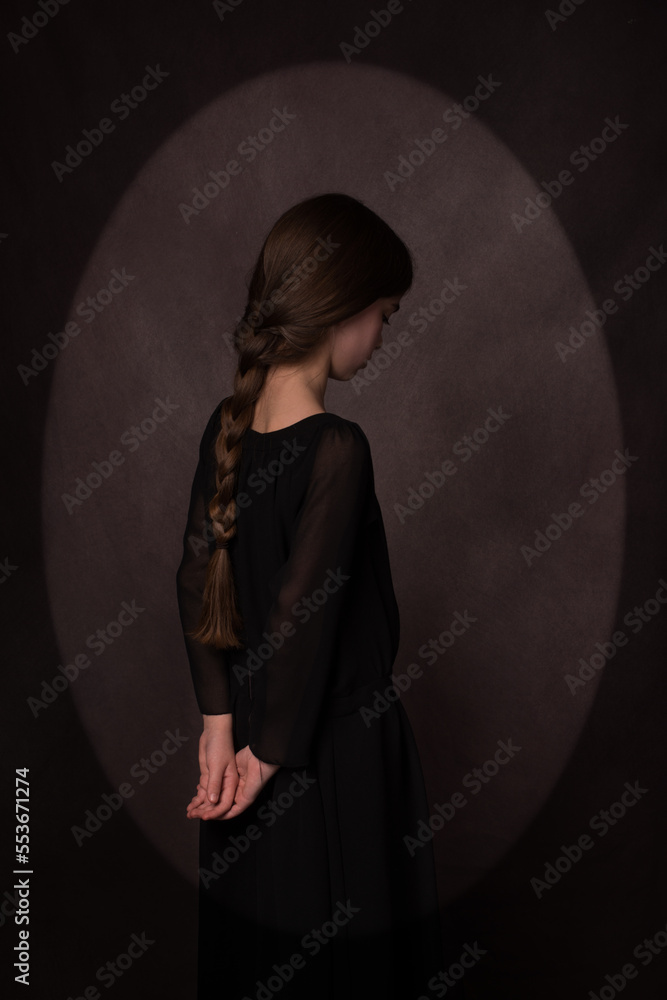 classic dark renaissance painterly portrait of girl with hair in braid ...