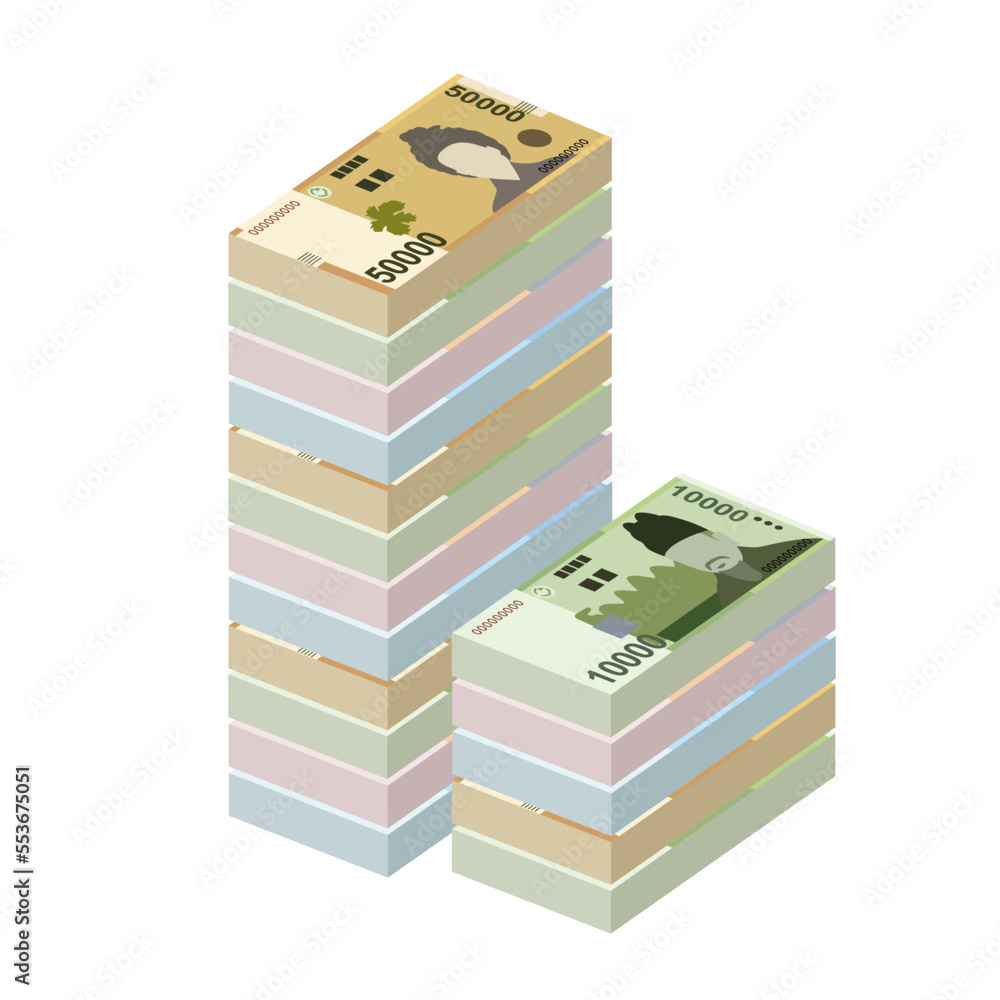 South Korean Won Vector Illustration. South Korea money set bundle ...