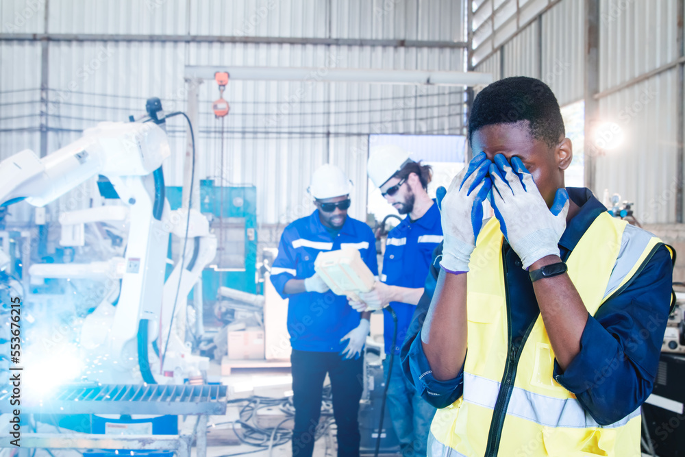 African American worker without glasses eye protection hands over face ...