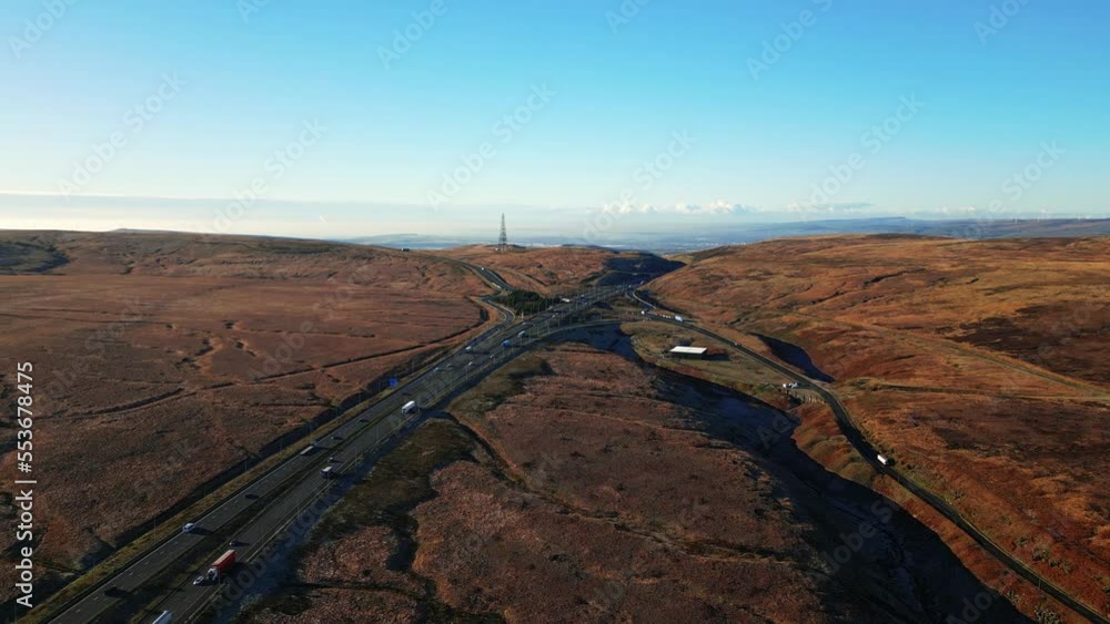 Aerial View of the M62 Motorway Ripponden road A672 and Windy Hill ...