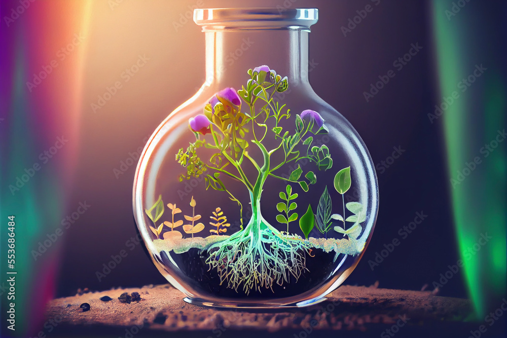 Science and biotechnology concept. Growing of plant in laboratory. Biology experiment ...