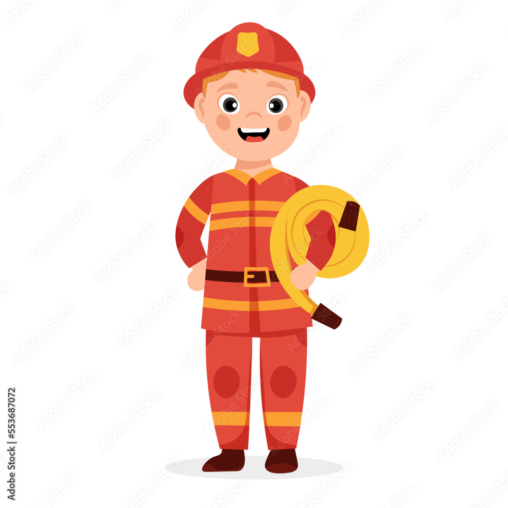Firefighter kid. Cute little boy wearing fireman uniform. Cartoon ...