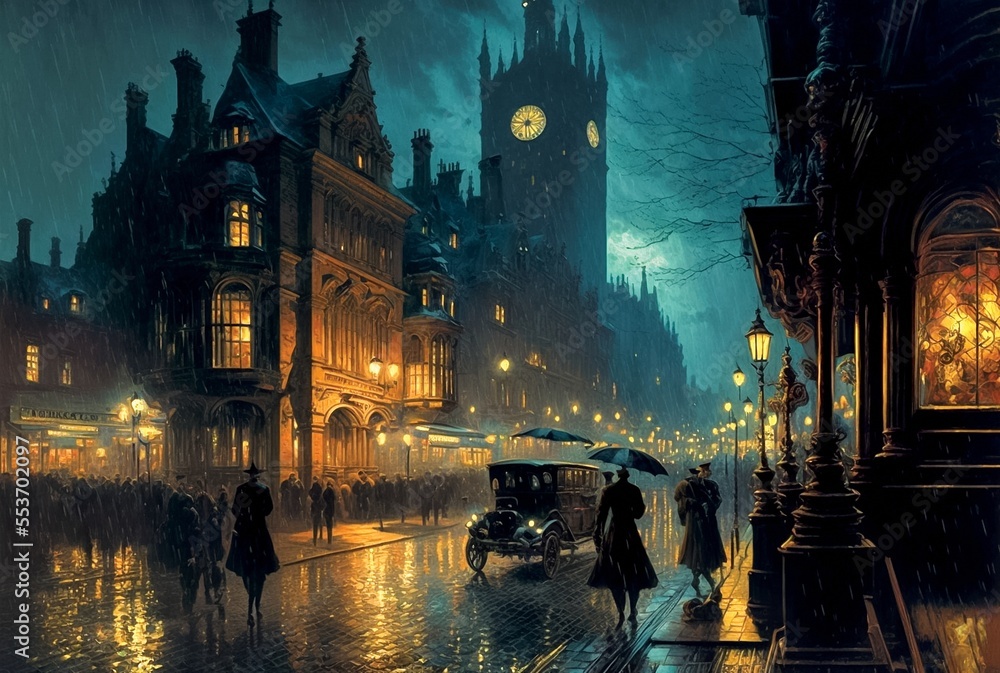 Old European city street landscape, night city in the rain painting ...