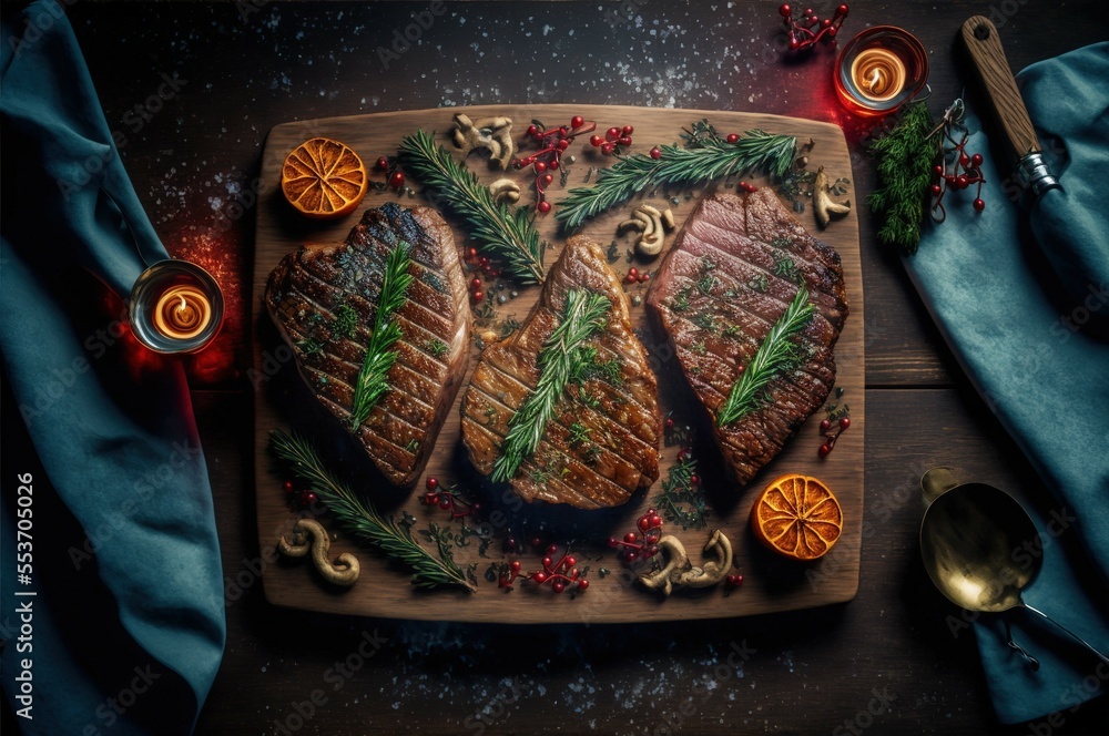 Delicious Christmas themed dinner table with roasted meat steak ...