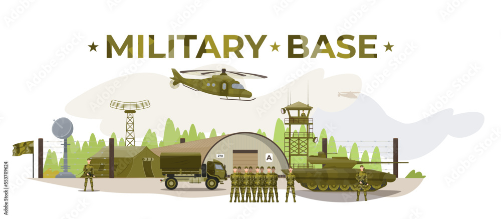 Military base with soldiers, helicopters, tanks, tents, storage ...