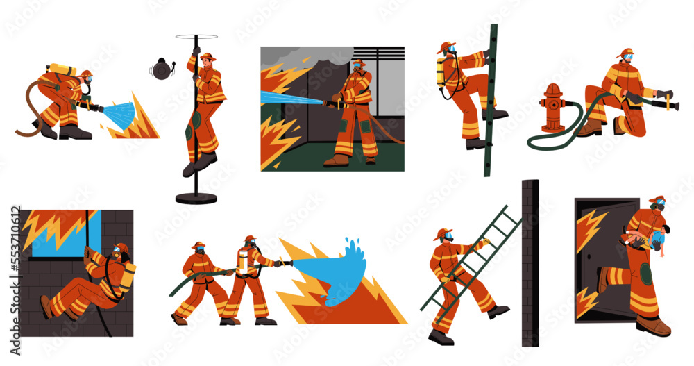 Fireman in uniform. Cartoon firefighter characters in different ...