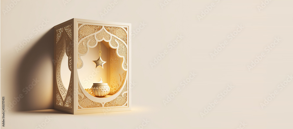 Islamic background, Gift box, lantern, gold crescent moon on white ...