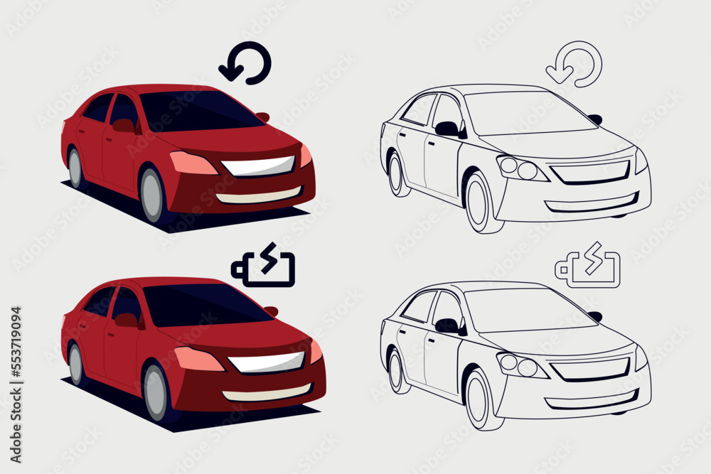 Different types of car icon set. side view of sedan car. return icon ...