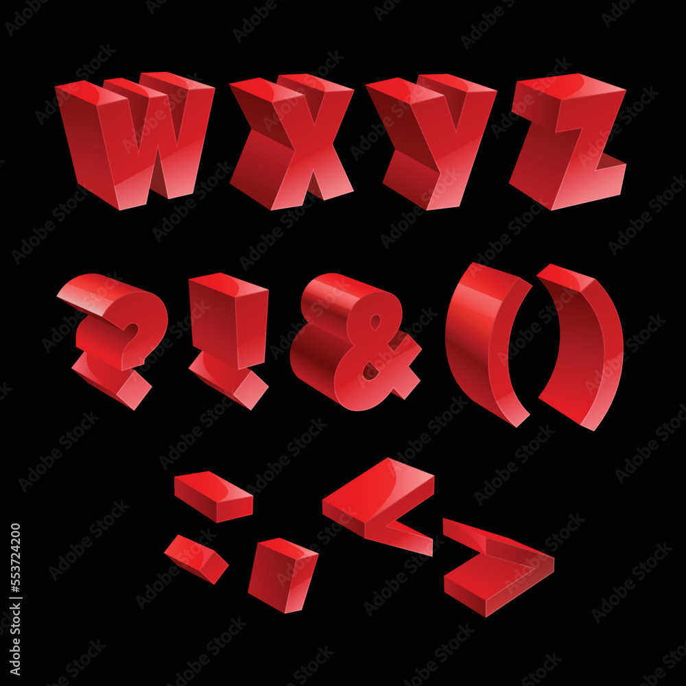 Red shiny 3d solid bold font W-Z letters and punctuation marks isolated ...