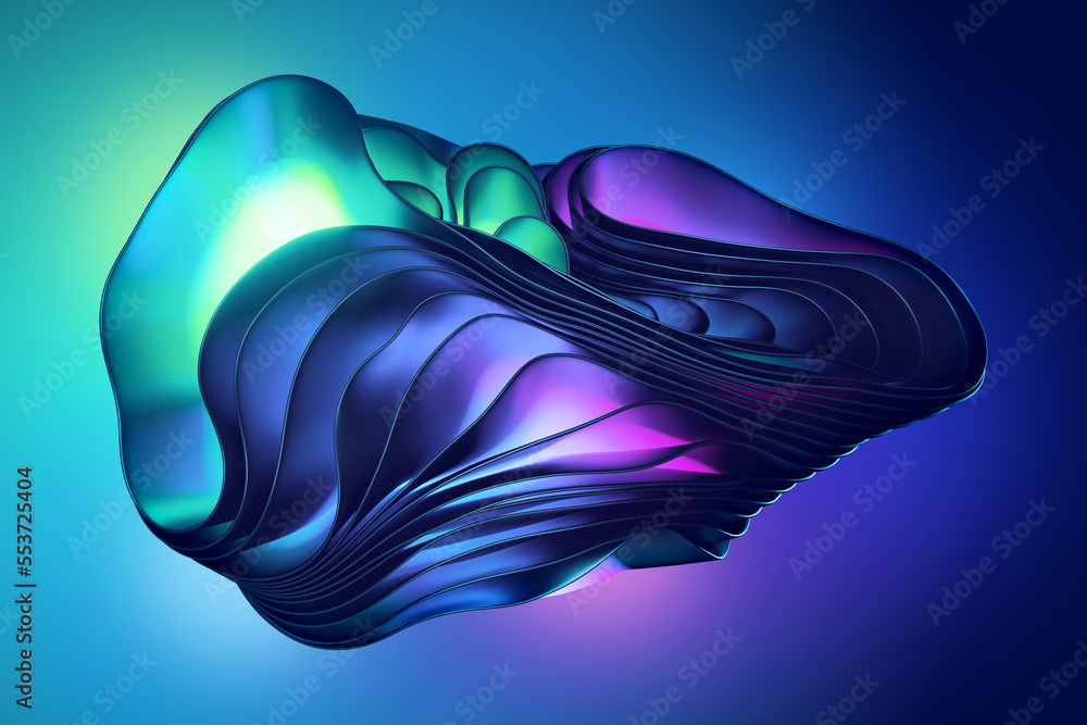 3d render, abstract neon background with fantastic curvy shape, layers ...