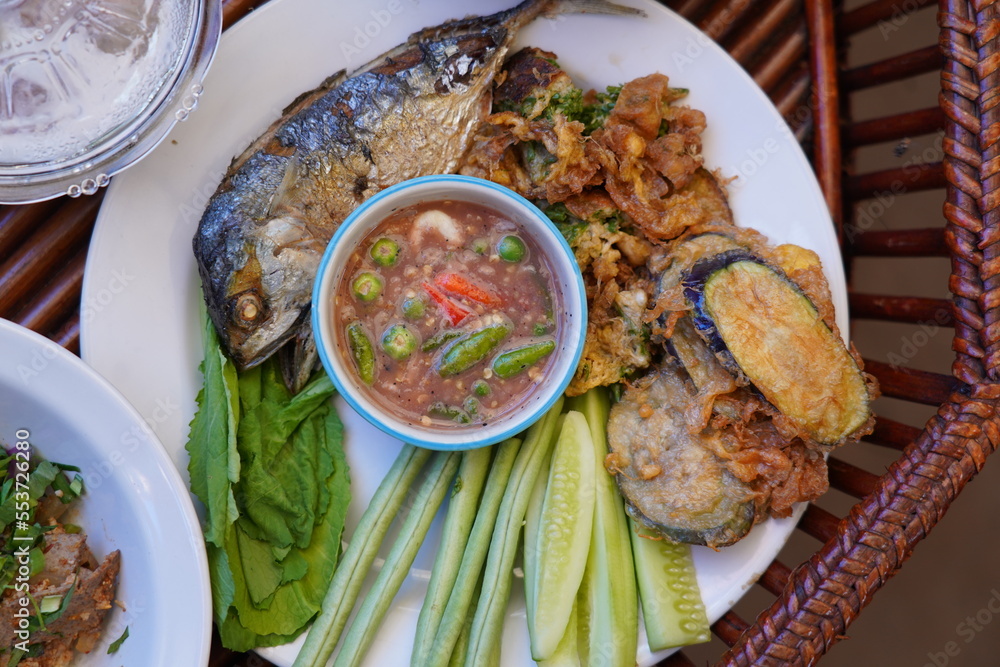 Fired mackerel fish and chili shrimp paste (Kapi) which is served with ...