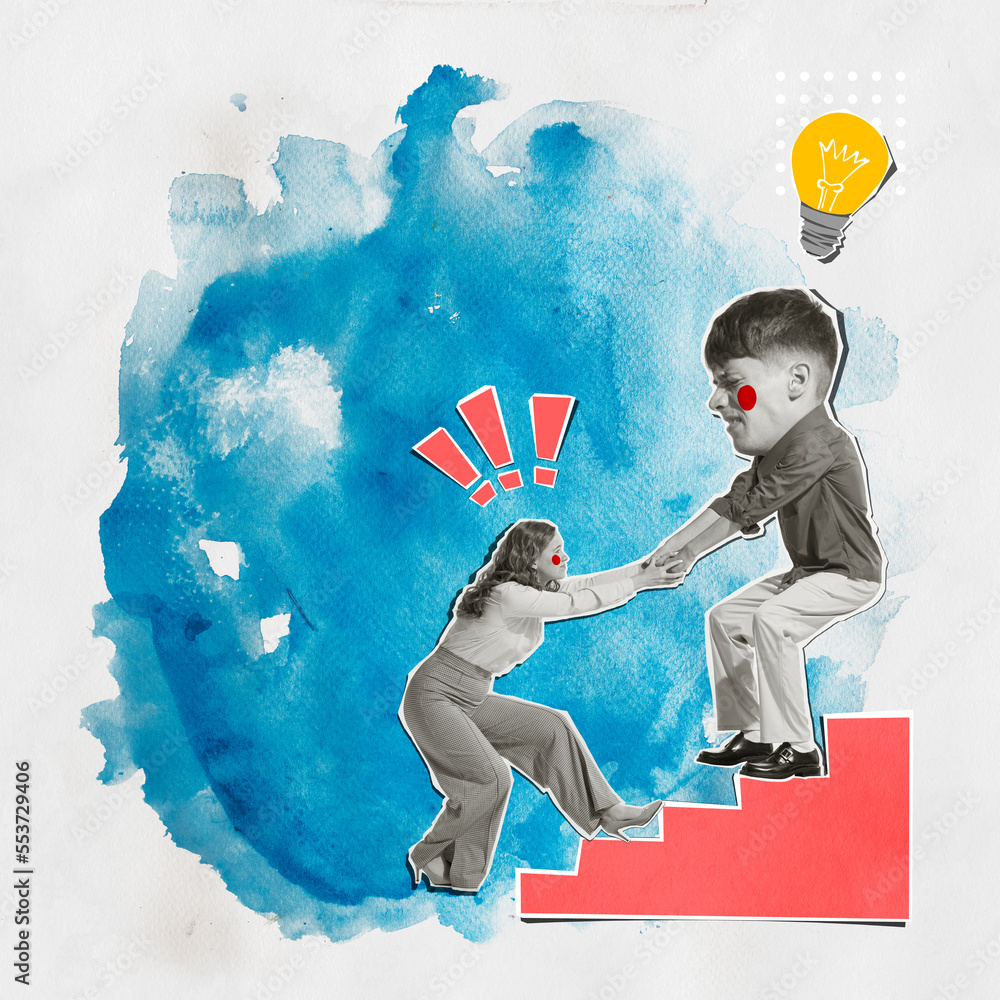 Contemporary art collage. Employee, man helping woman to walk on ladder ...