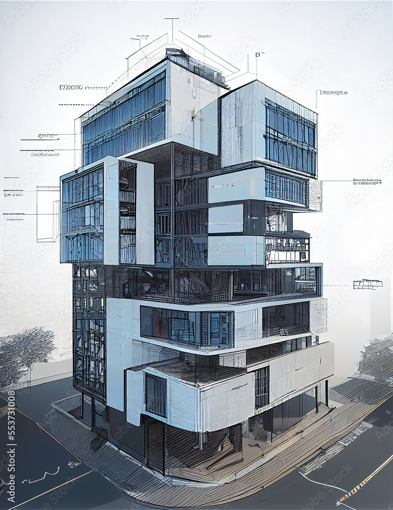 Modern apartment building with architecture notes and measurements ...