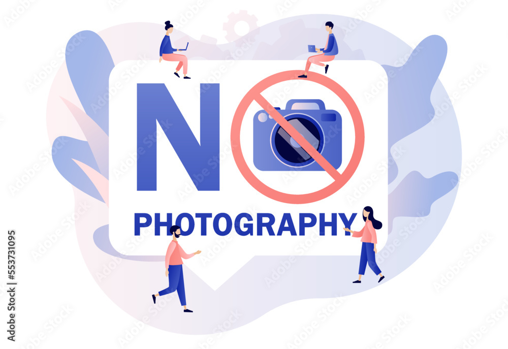 No photography. Tiny people and red sign No camera. No pictures. Modern ...