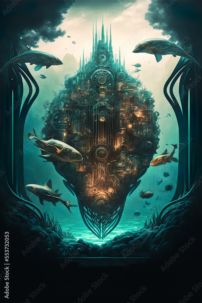 Deep underwater steampunk submarine city with card frames and swimming ...