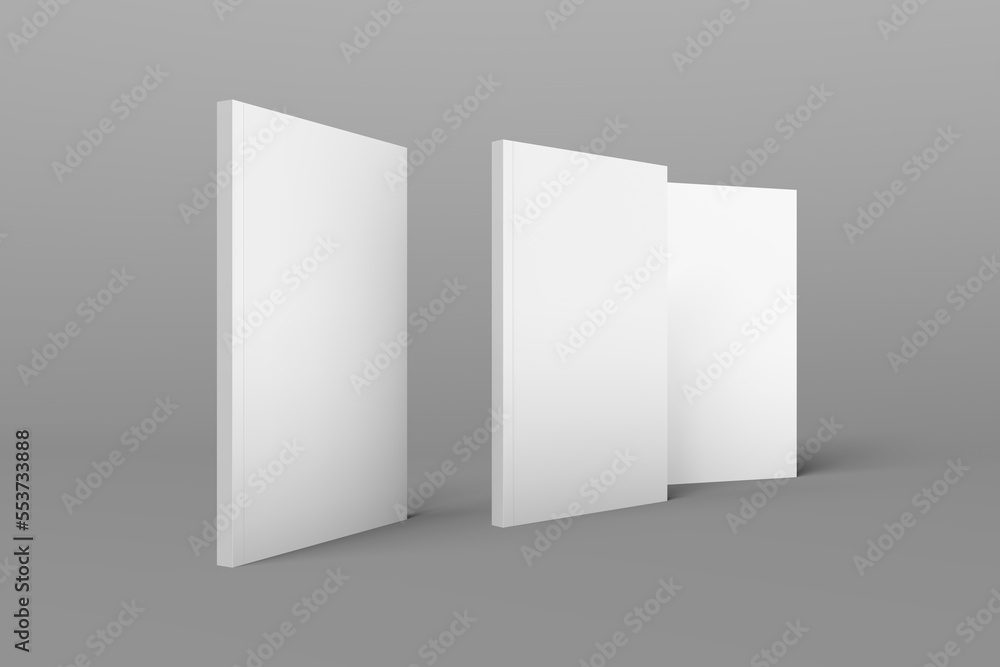 3 book models standing upright on a gray background. 3d realistic ...