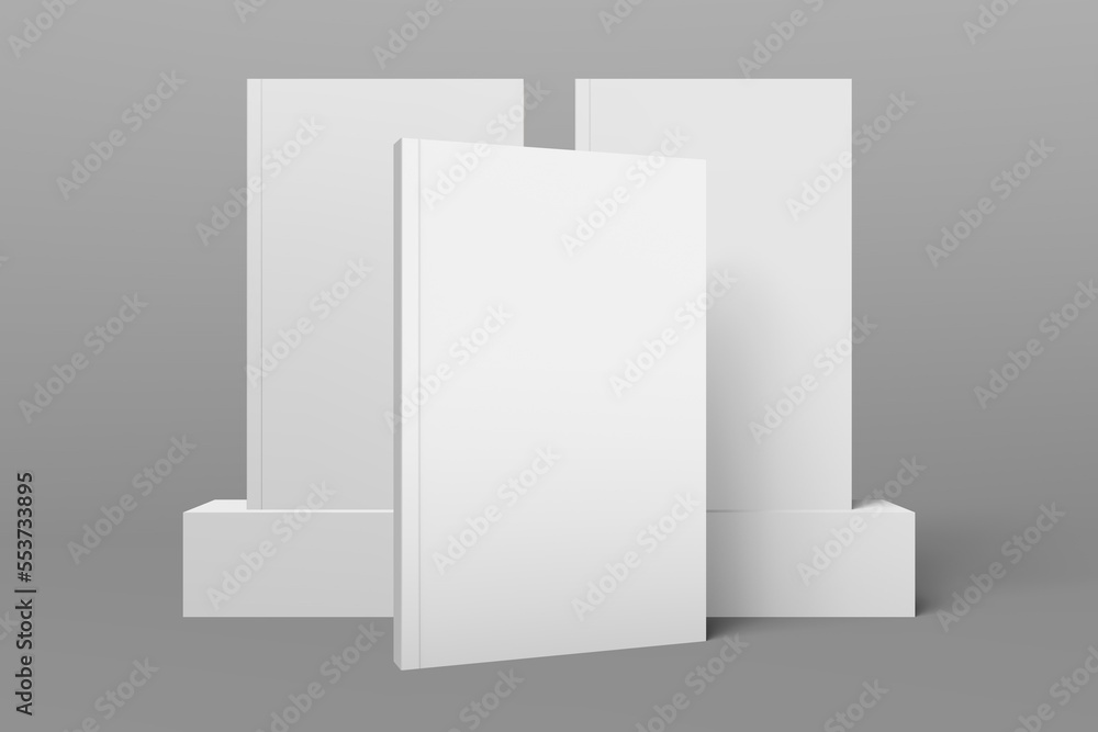 3 book models standing upright on a gray background. 3d realistic ...