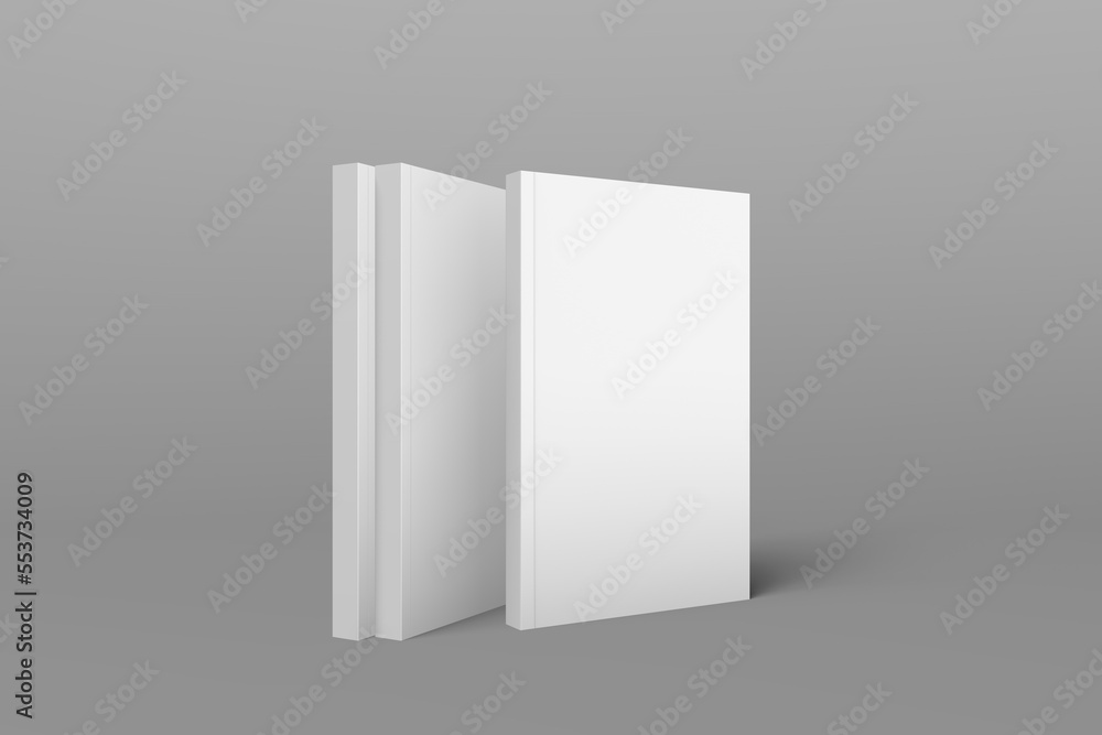 3 book models standing upright on a gray background. 3d realistic ...
