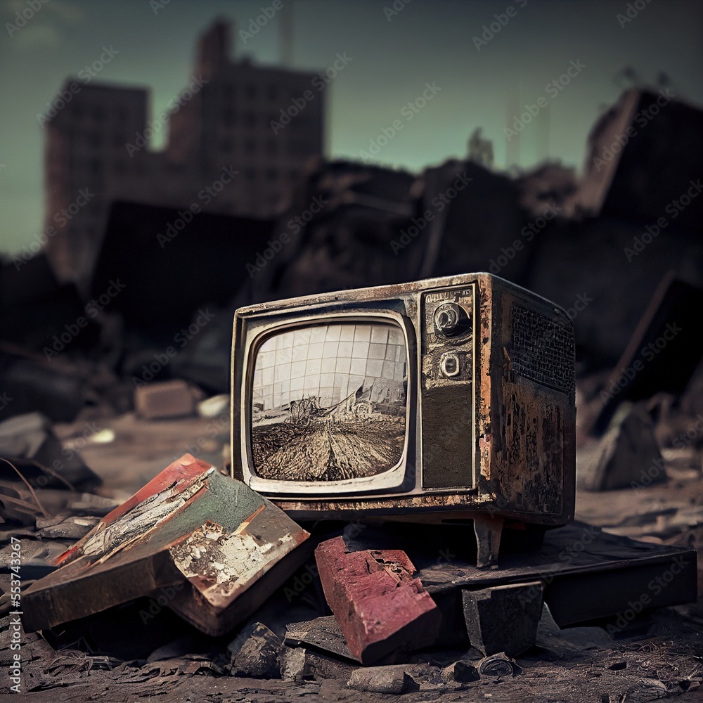 An old TV lying on the ruins of a house. A post-apocalyptic ruined city ...