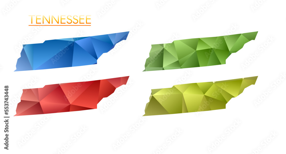 Set of vector polygonal maps of Tennessee. Bright gradient map of us ...