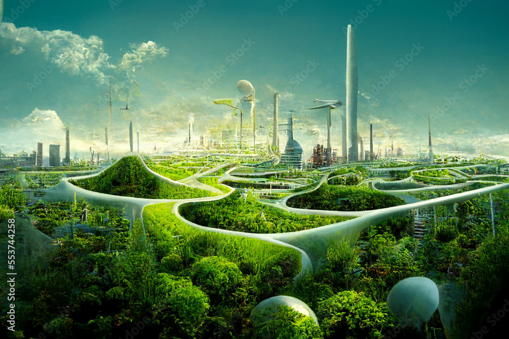 AI Midjourney generated futuristic landscape illustrating green ...