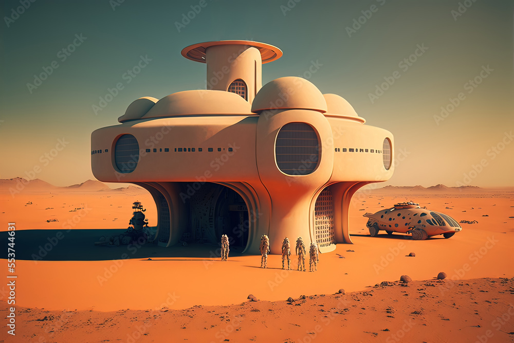 Futuristic architecture on a Mars like, red planet with metallic ...
